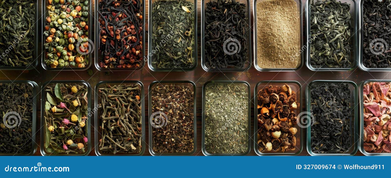 A Collection of Different Types of Tea Leaves Displayed in Small, Clear ...