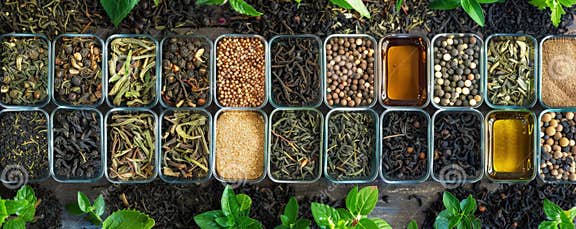 A Collection of Different Types of Tea Leaves Displayed in Small, Clear ...