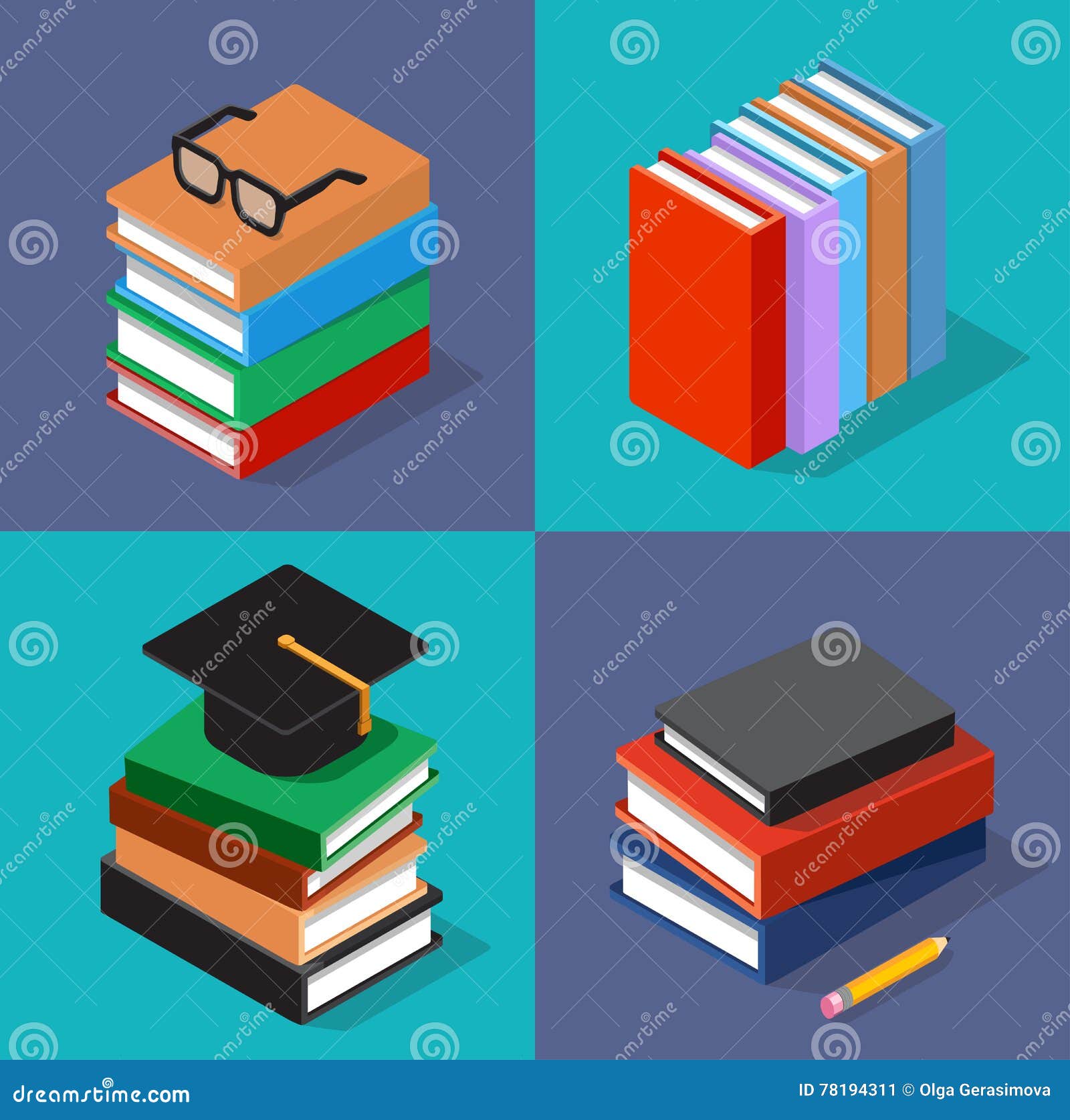 Collection Of Differently Colored Books. Vector Isometric Set Stock ...