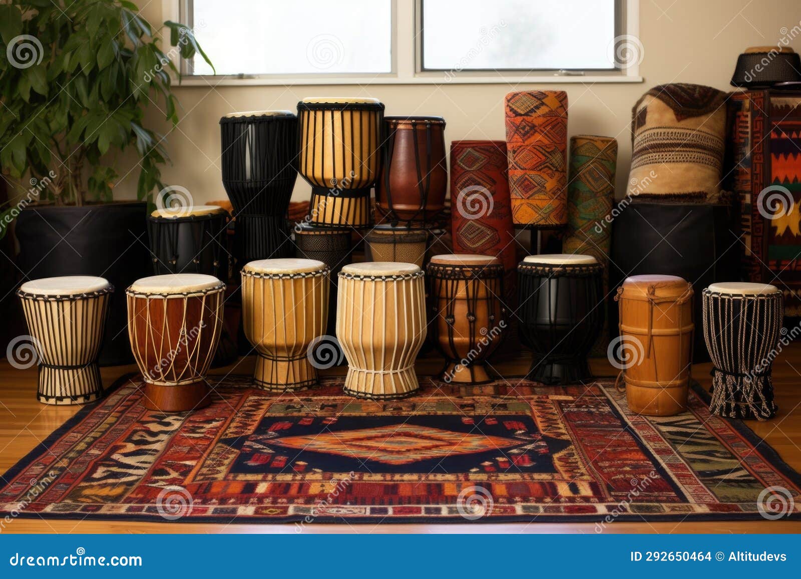 Collection of Djembe Drums in Various Sizes on a Rug Stock Photo ...
