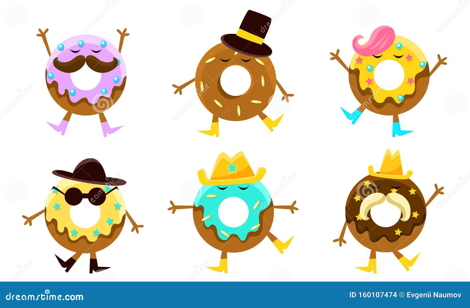 Collection Of Donuts Cartoon Characters, Humanized Glazed Doughnuts ...