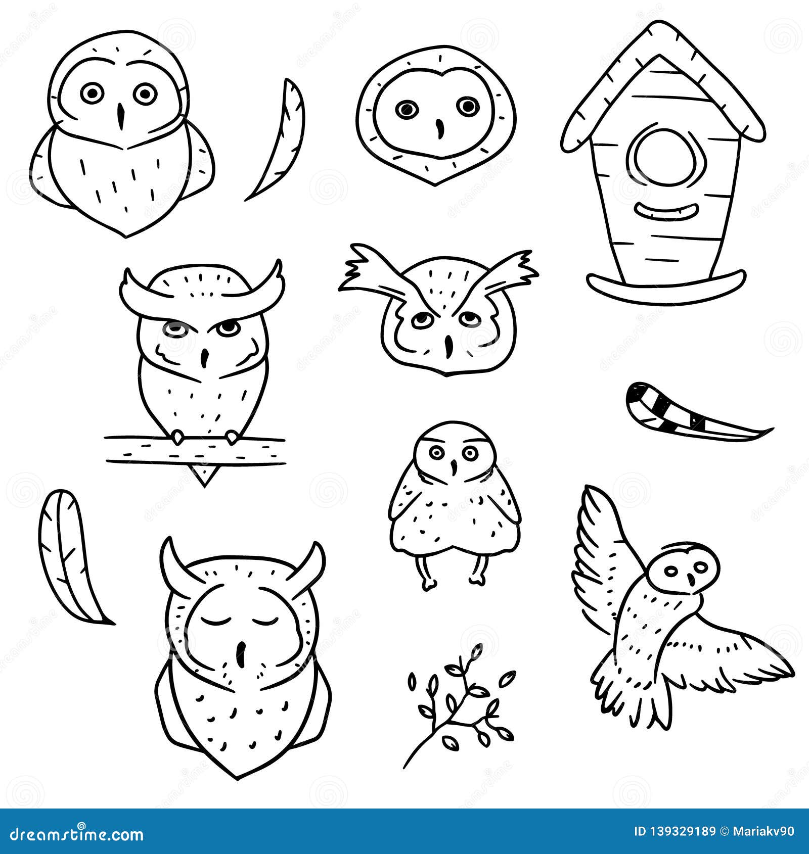 Collection of Doodle Elements and Owls on White Background. Set of ...