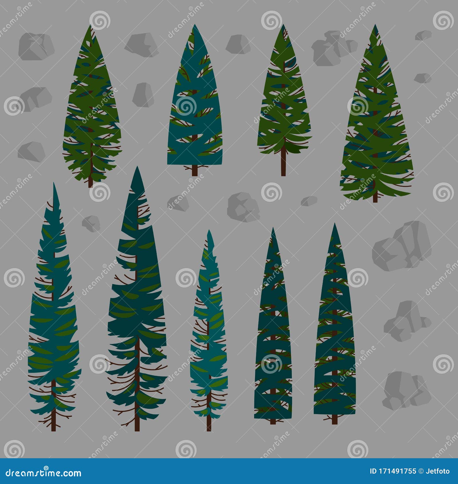 Collection of Drawings of Stylized Green Coniferous Trees Stock Vector ...