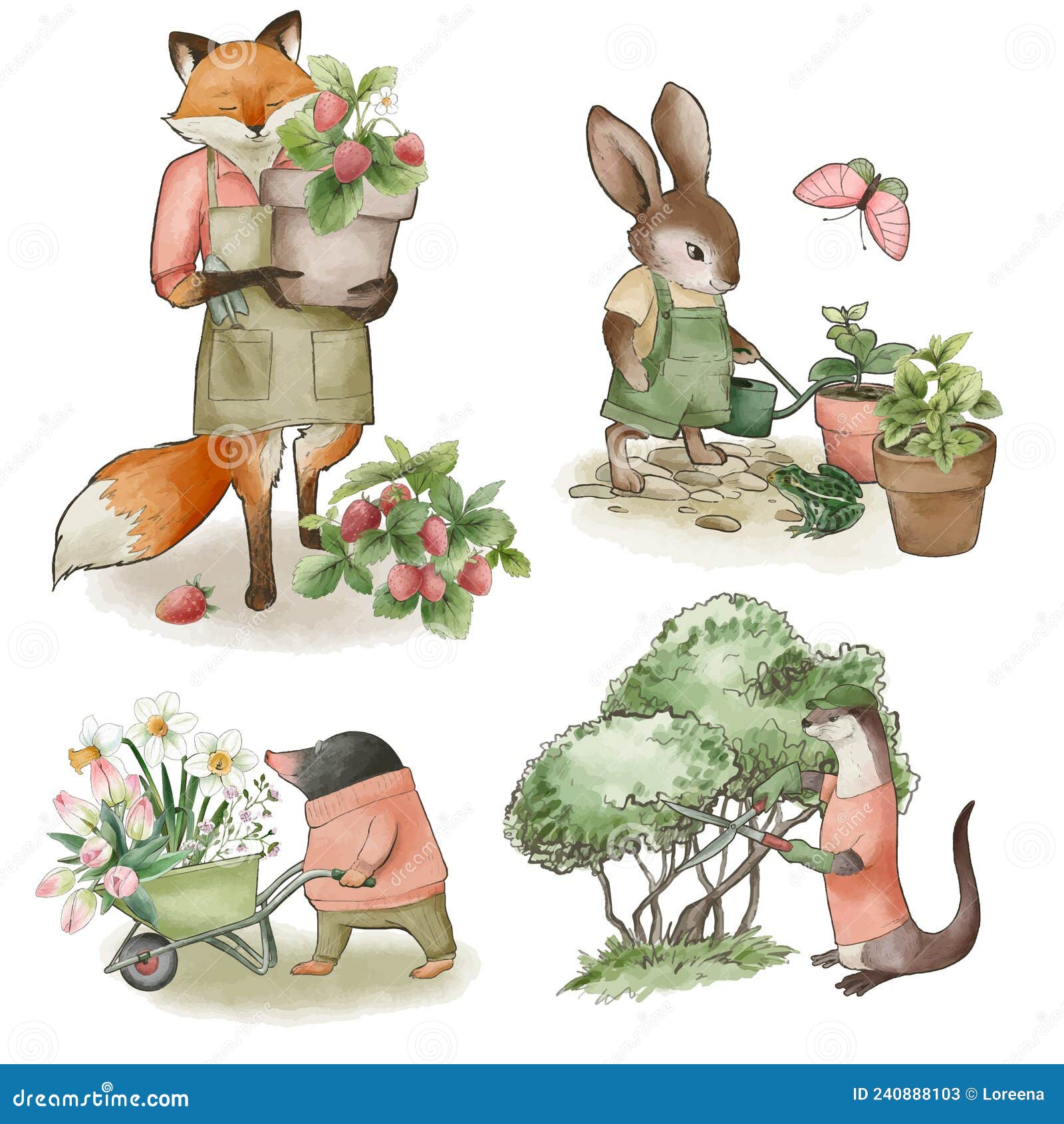 Collection of Dressed Animals Doing Gardening, Hand Drawn Stock Vector ...