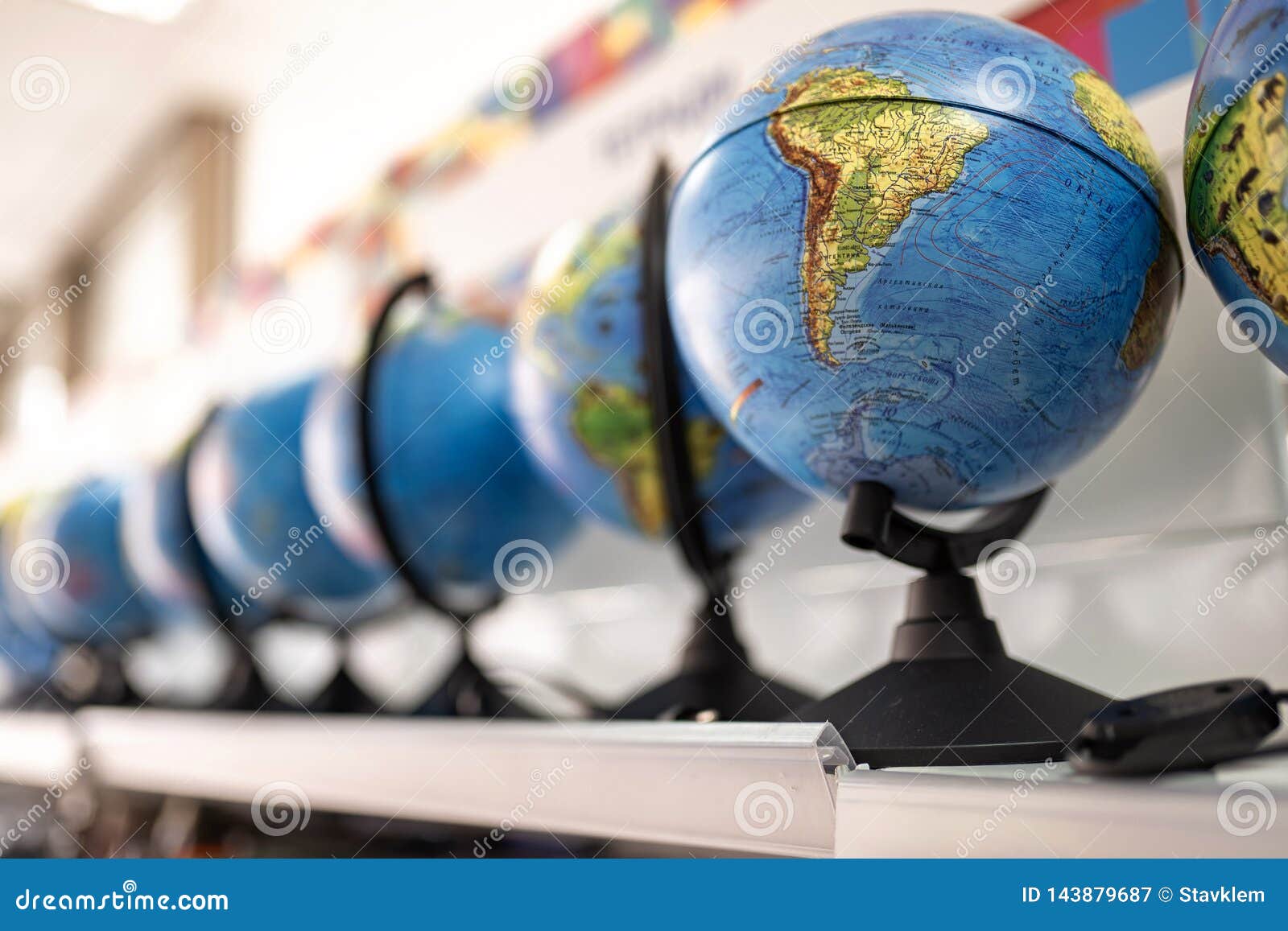 Collection of Earth Globe, Stading in Row in Shop Store or School Stock ...