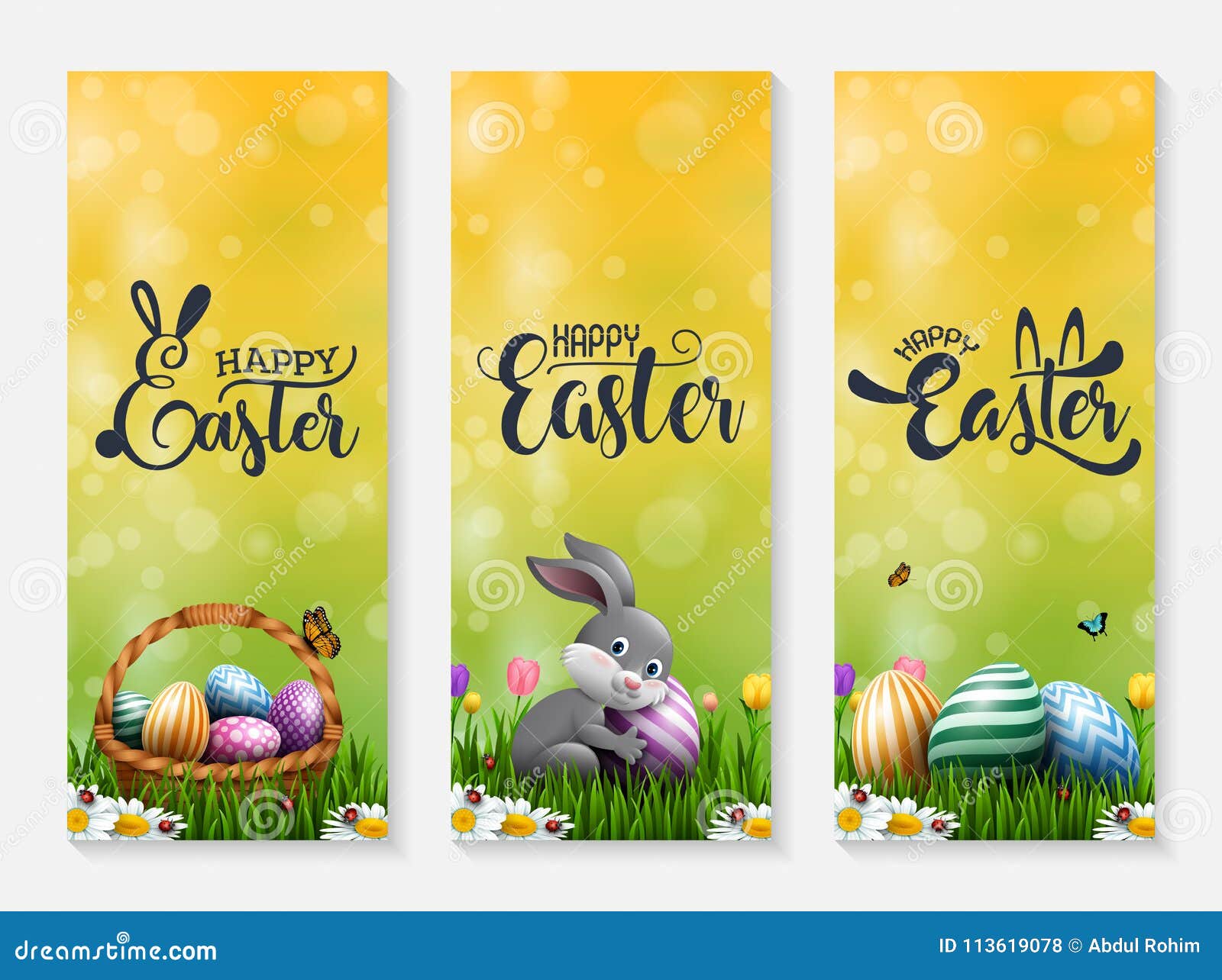 Collection of Easter Banners with Easter Eggs, Little Bunny, and Basket ...