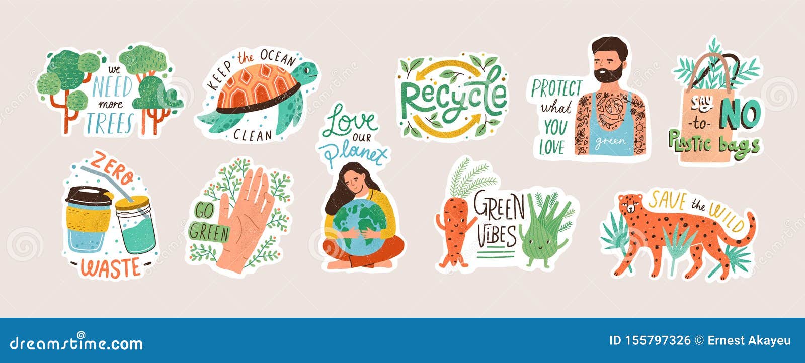 Ecology Stickers. Save Green Earth Planet Clean Environment Eco Labels ...