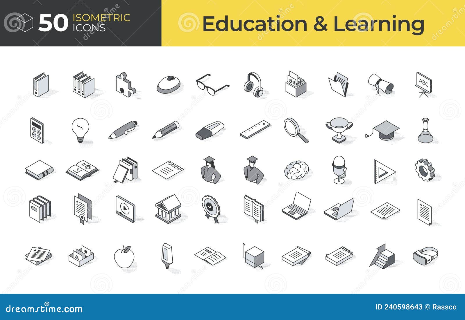 50 Education & Learning Isometric Icons Set Stock Vector - Illustration ...