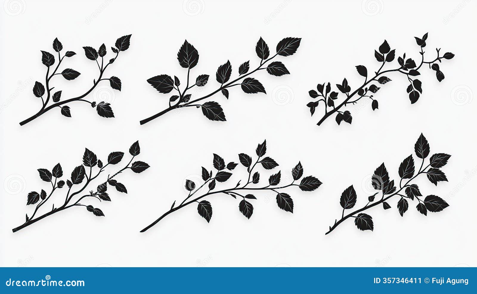 Collection of Eight Black Silhouette Branches with Leaves Isolated on ...