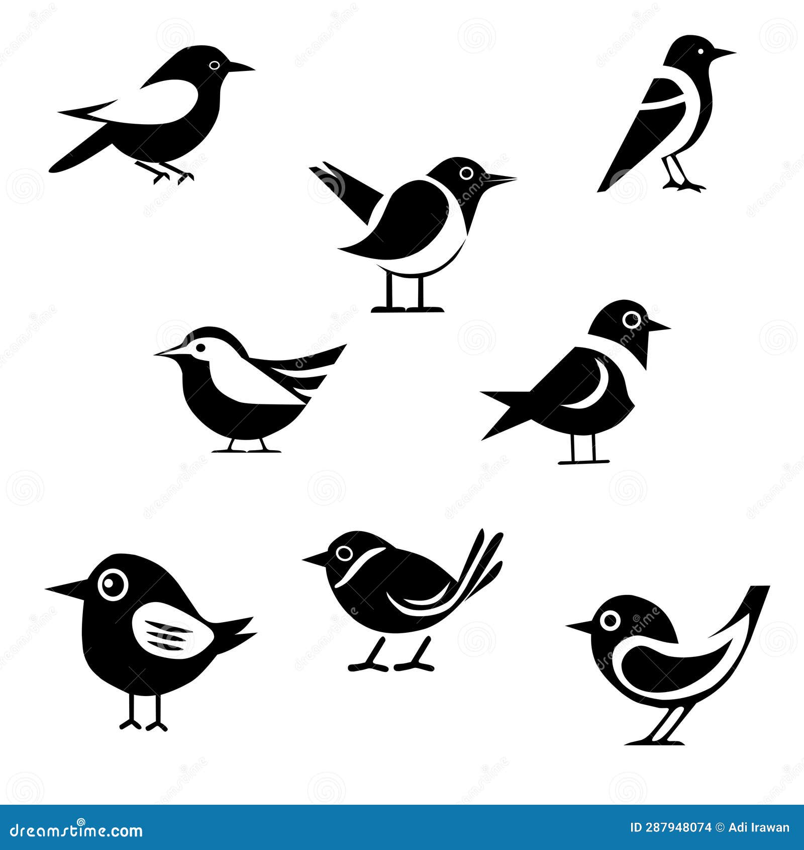 Collection of Eight Black and White Vector Logos of Birds on a White ...