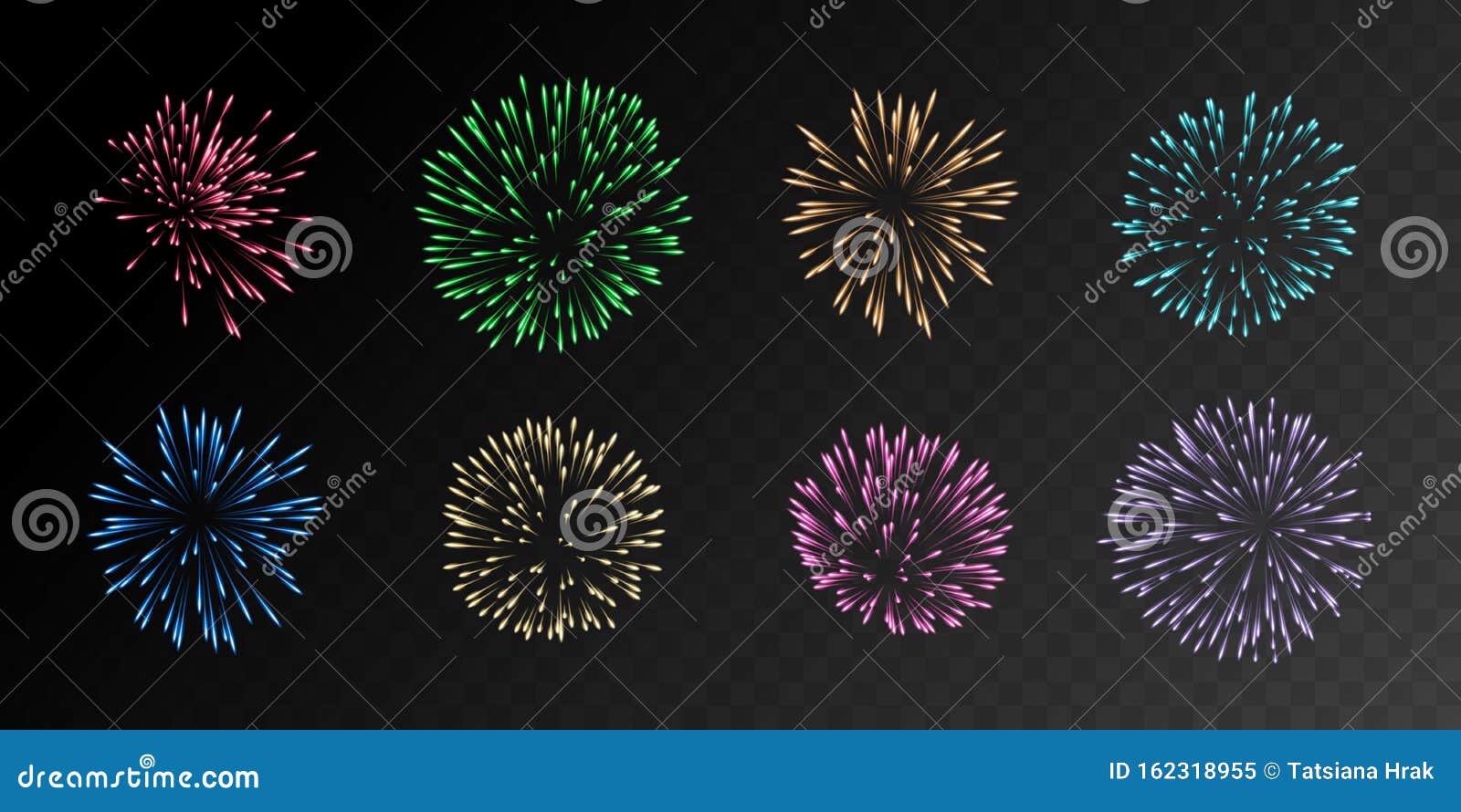 Collection of Eight Realistic Fireworks in Different Colors Isolated on ...