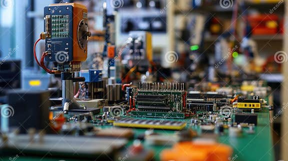 A Collection of Electronic Components on a Testing Station with ...