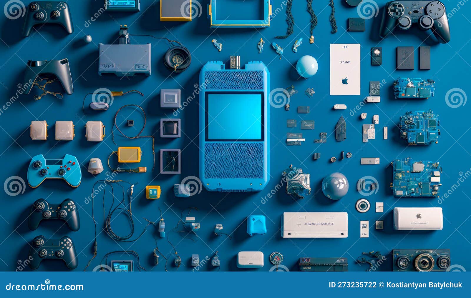 Collection of Electronic Gadgets Arranged on Blue Surface. Generative ...