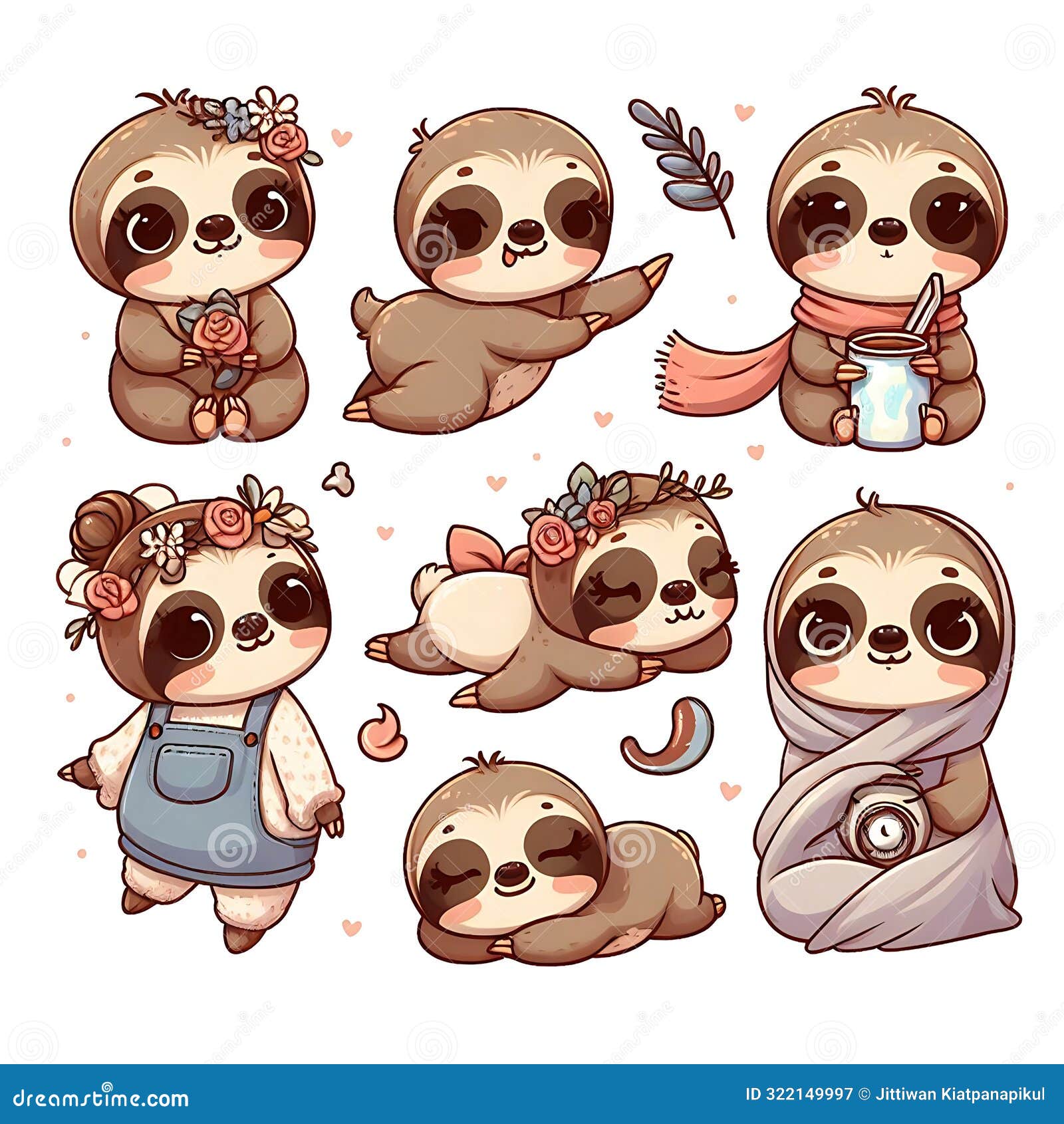 Collection Element of Sloth Characters with Decorations in Cartoon ...