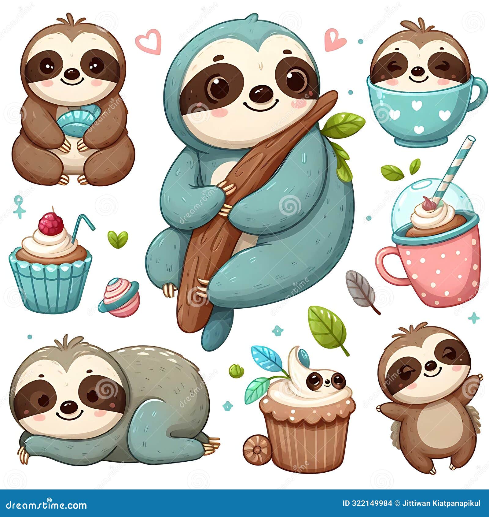 Collection Element of Sloth Characters with Decorations in Cartoon ...