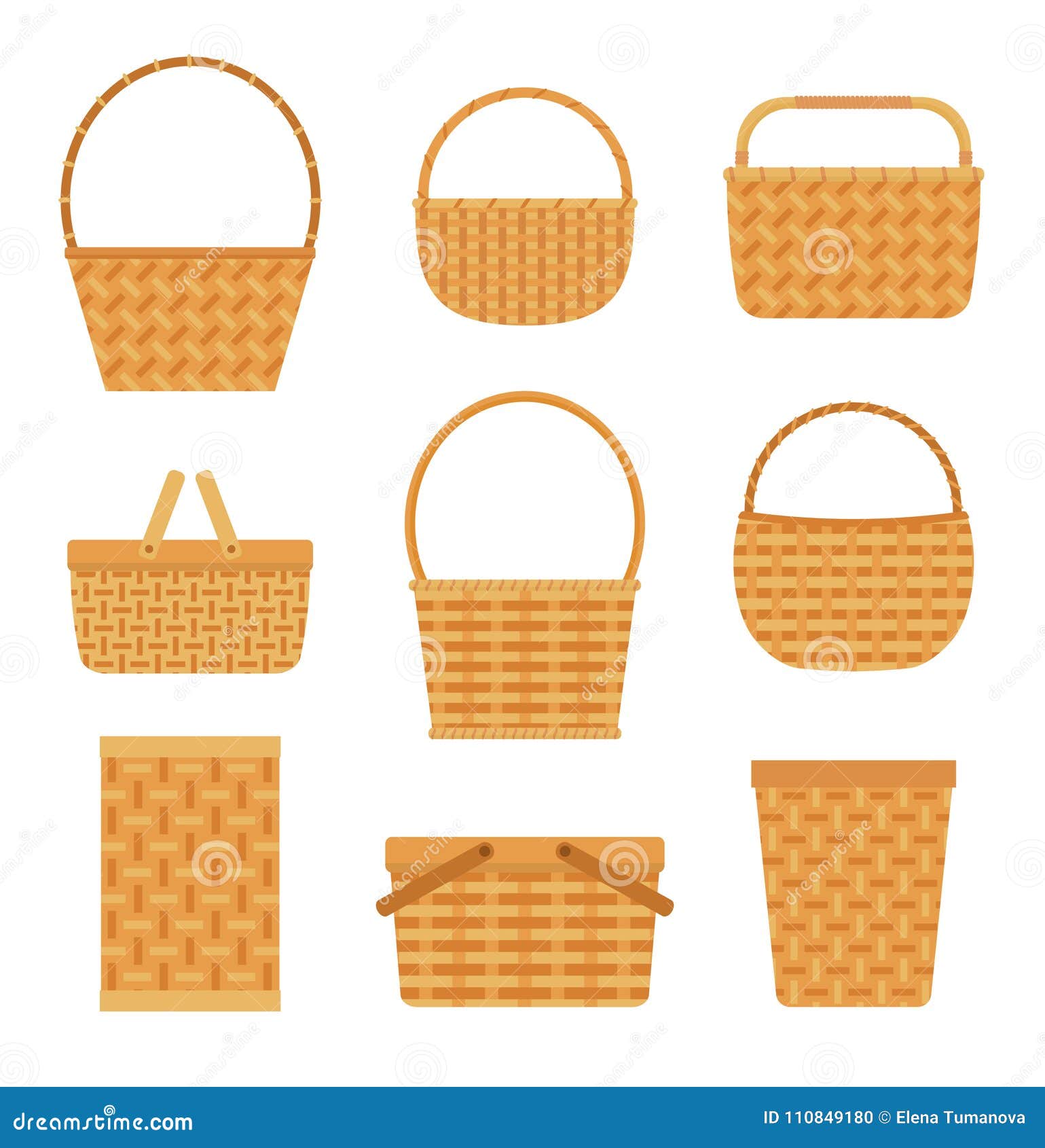 Collection of Empty Baskets, Isolated on White Background. Stock Vector ...