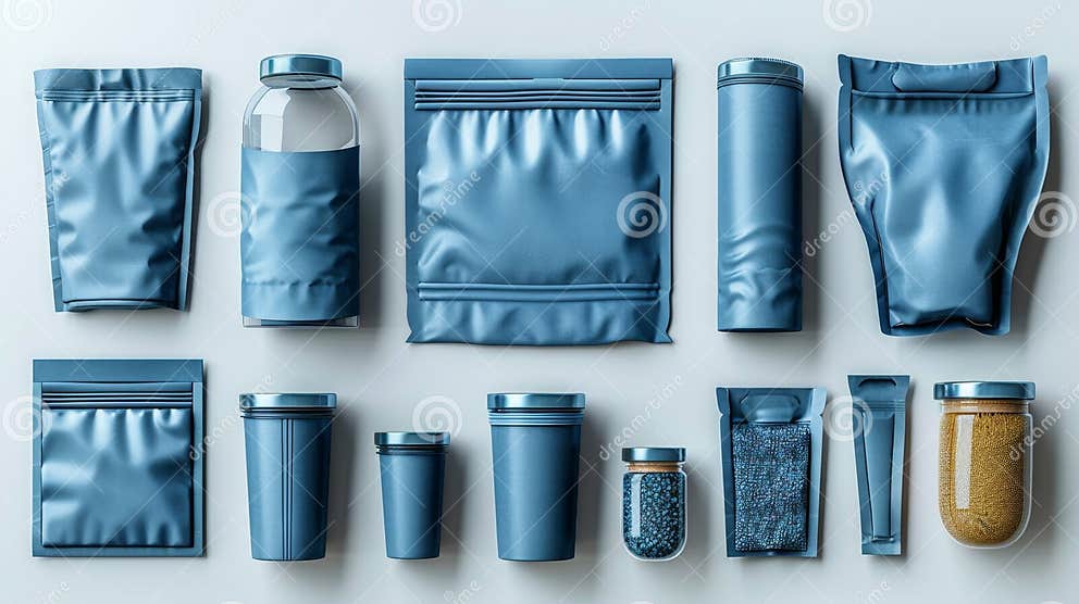 A Collection of Empty Blue Packages of Various Products on a Light ...