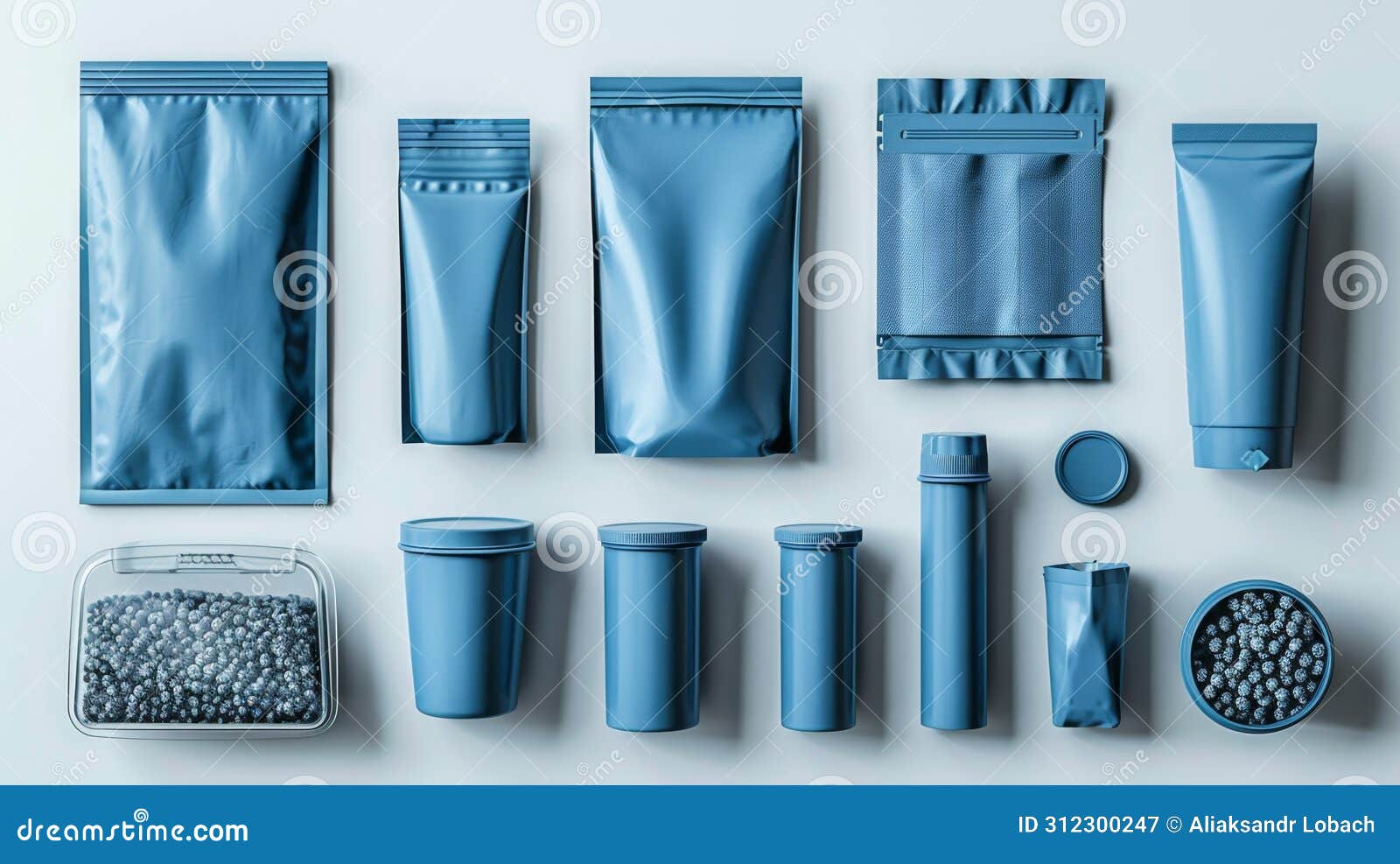A Collection of Empty Blue Packages of Various Products on a Light ...