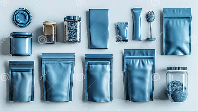A Collection of Empty Blue Packages of Various Products on a Light ...