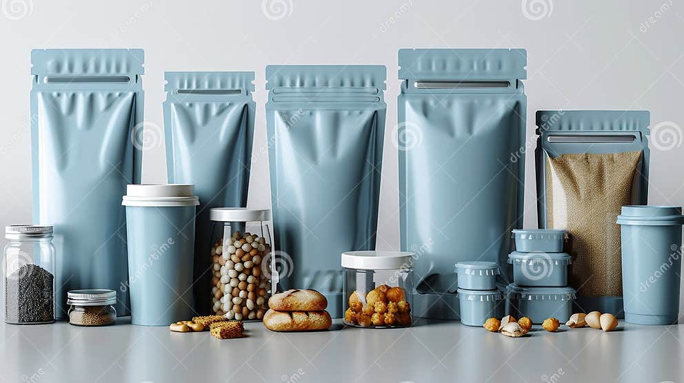 A Collection of Empty Blue Packages of Various Products on a Light ...
