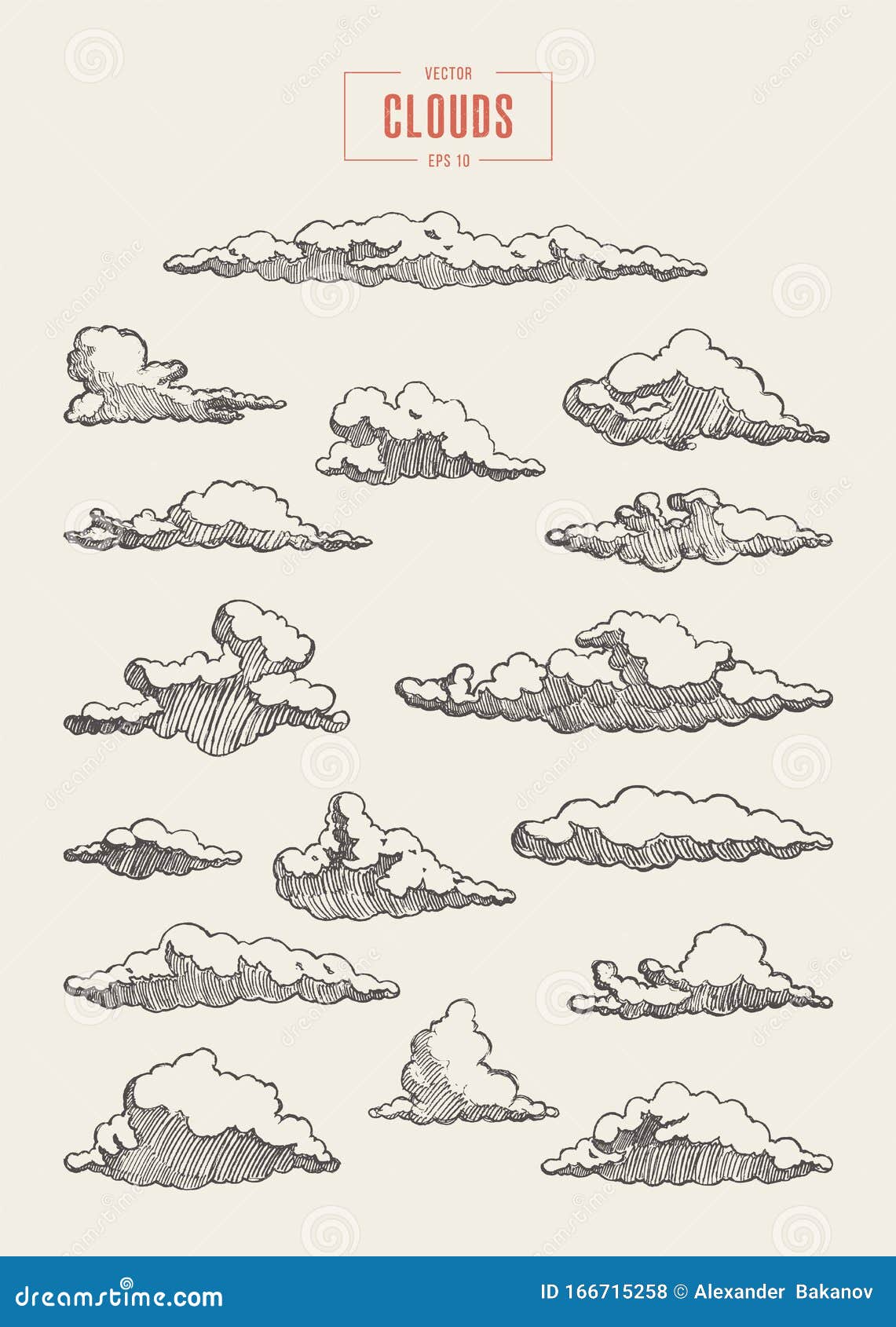 Set Engraved Style Clouds Drawn Vector Sketch Stock Vector ...