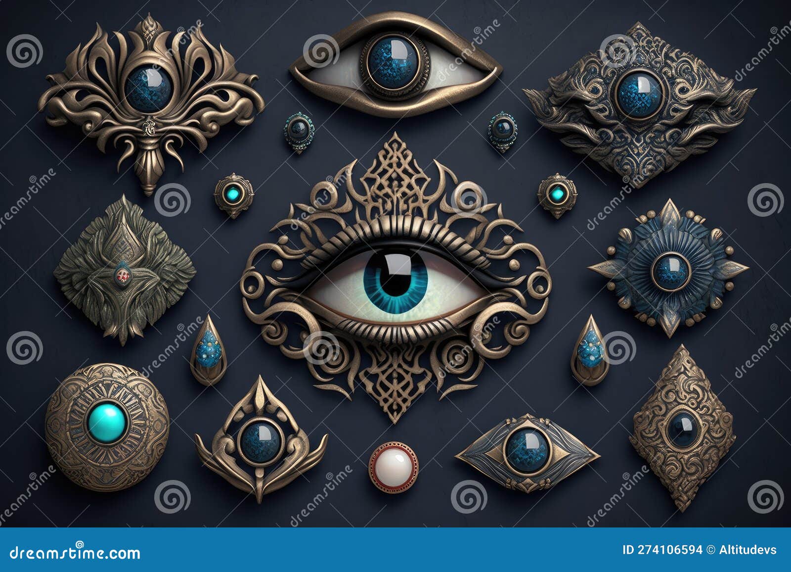 Collection Of Evil Eyes In Various Forms, Including Stone Sculptures ...
