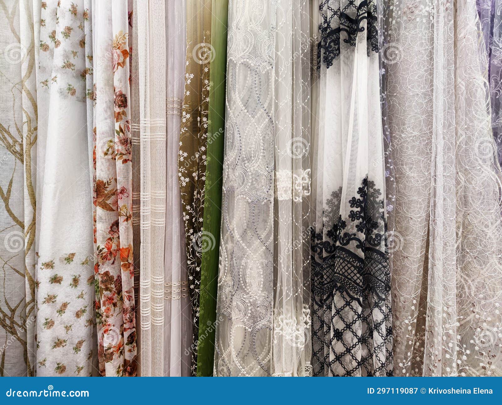 Collection of Fabrics at the Store Counter. View of Rolls of Fabric in ...