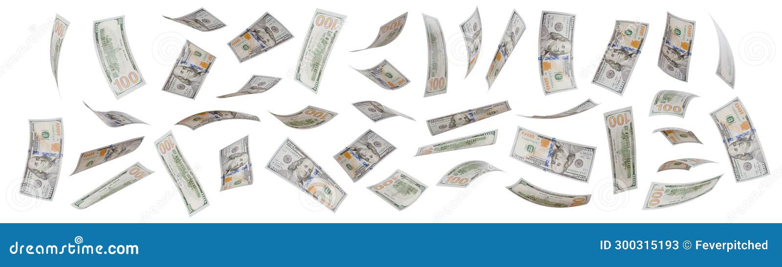 Collection of Falling One Hundred Dollar Bills Isolated on a White ...