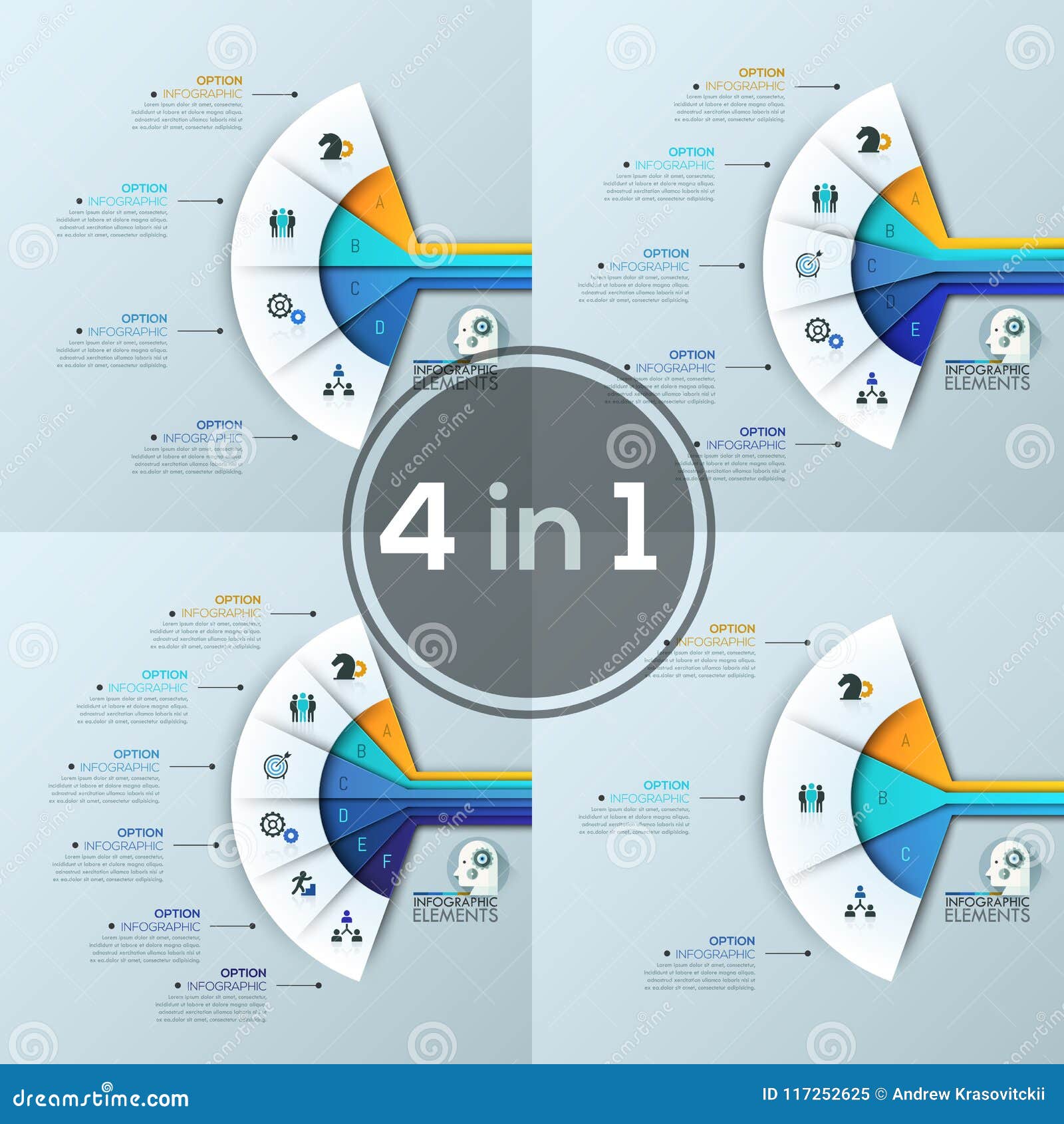 Collection of 4 Fan Charts with Sectoral Lettered Elements, Thin Line ...