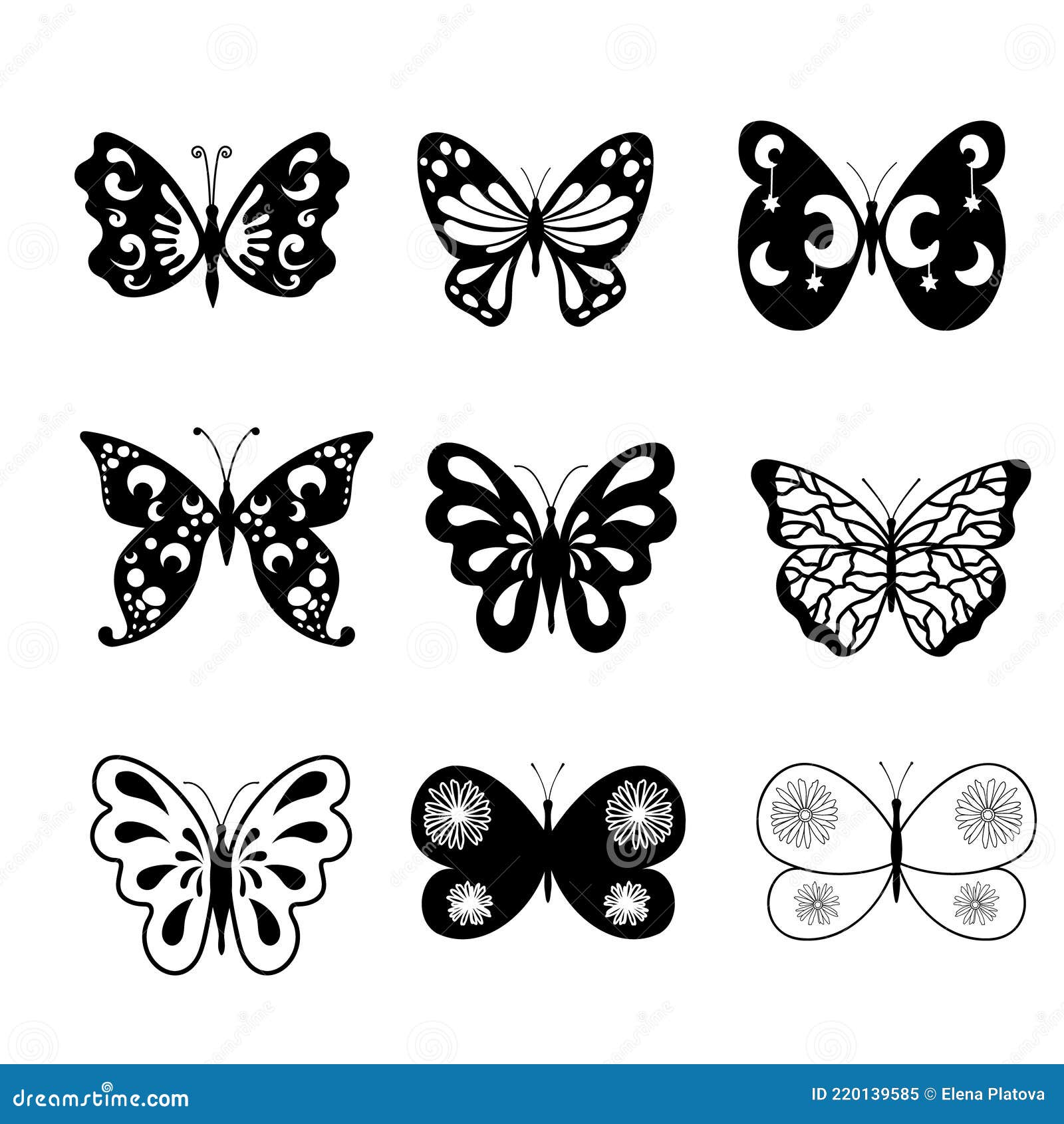 A Collection of Fancy Butterflies in Flat Style. Vector Set of Black ...