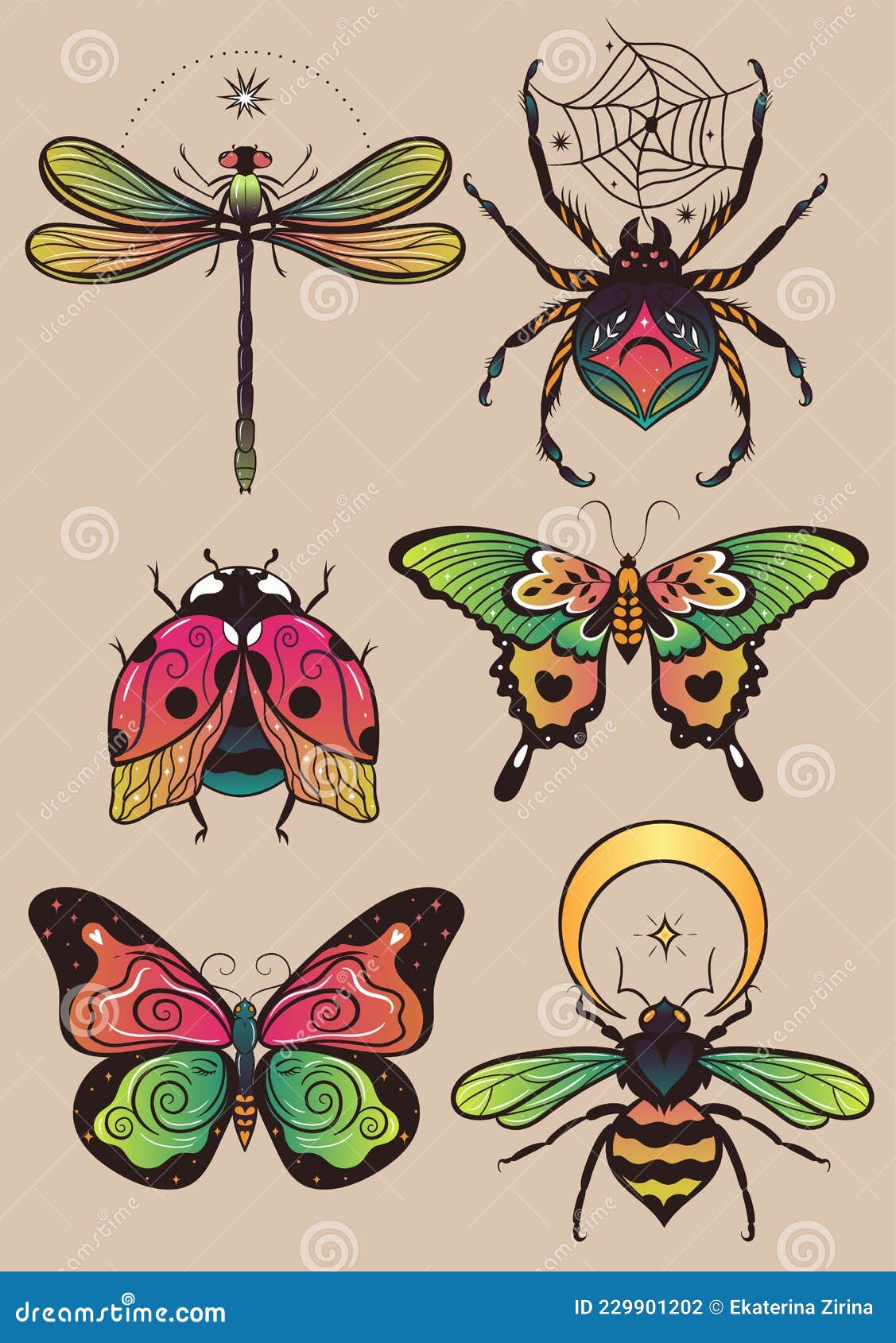 Collection of Fantasy Colorful Insects for Design. Vector Graphics ...