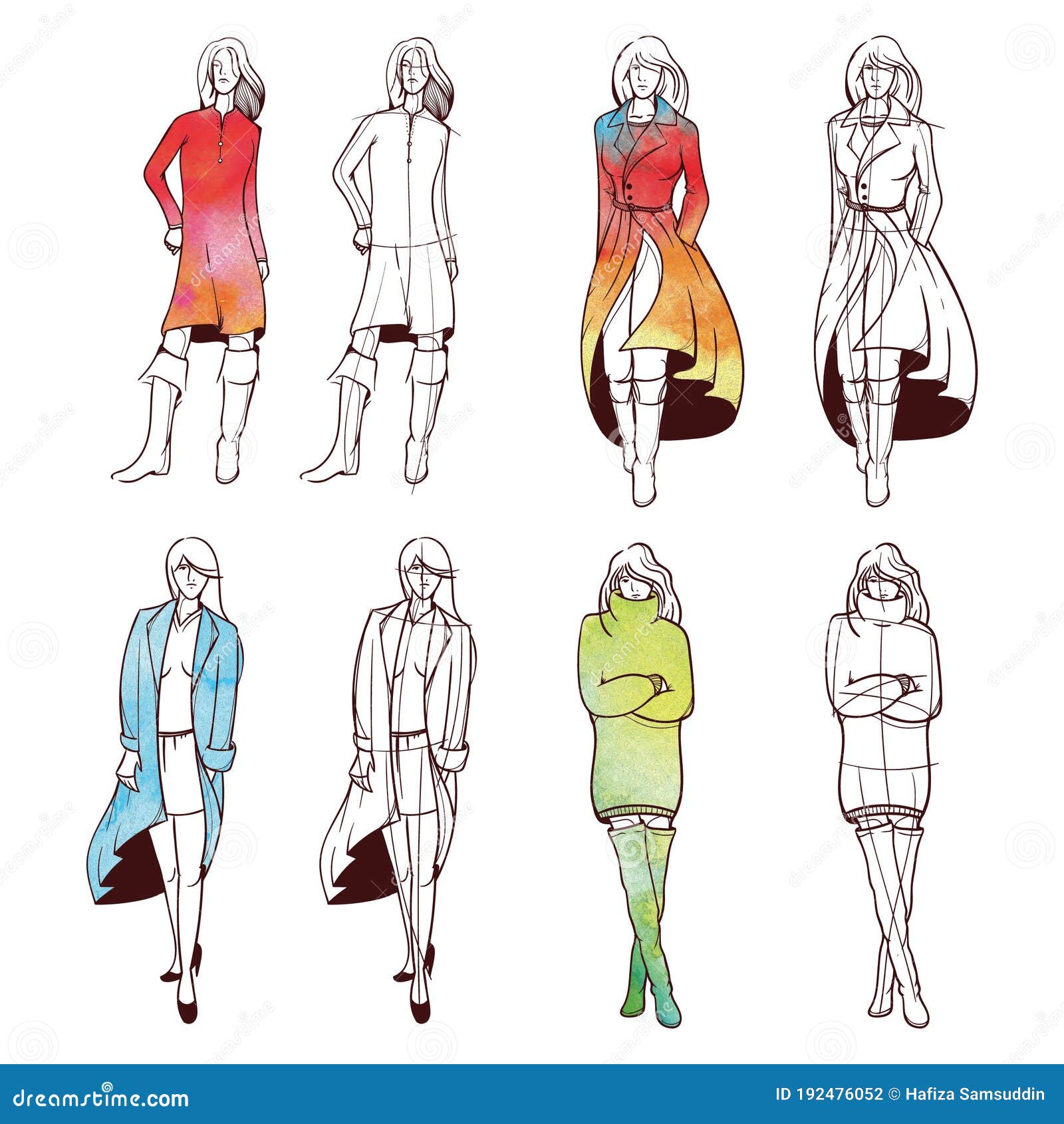 Collection of Fashion Model Sketches. Vector Illustration Decorative ...
