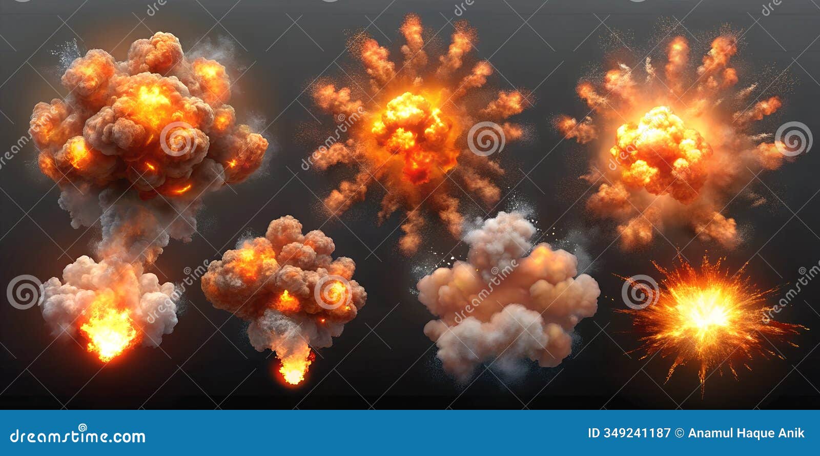 A Collection of Fiery Explosions with Smoke and Debris Stock ...