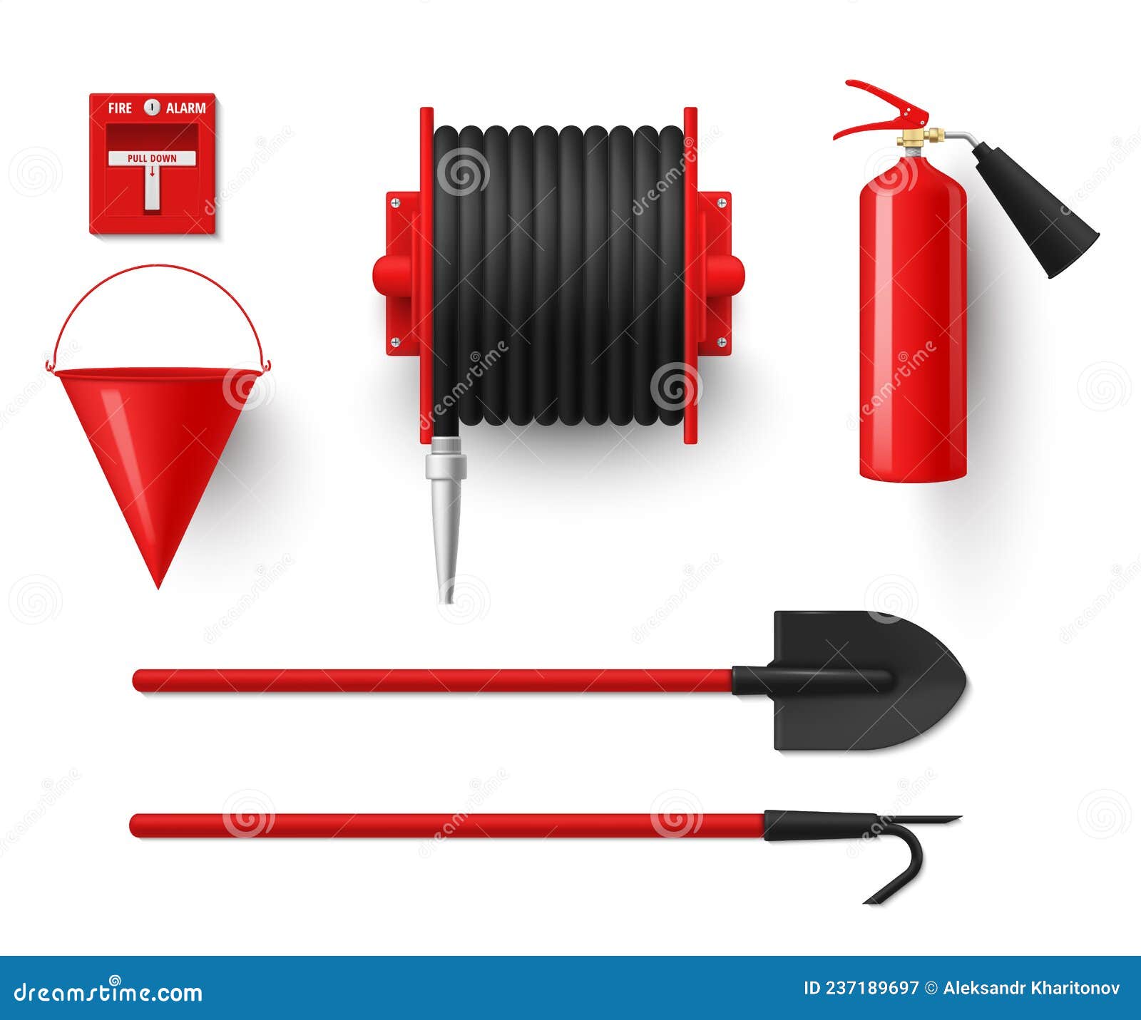 Collection Fires Fighting Red Tools Vector Flat Illustration. Set of ...