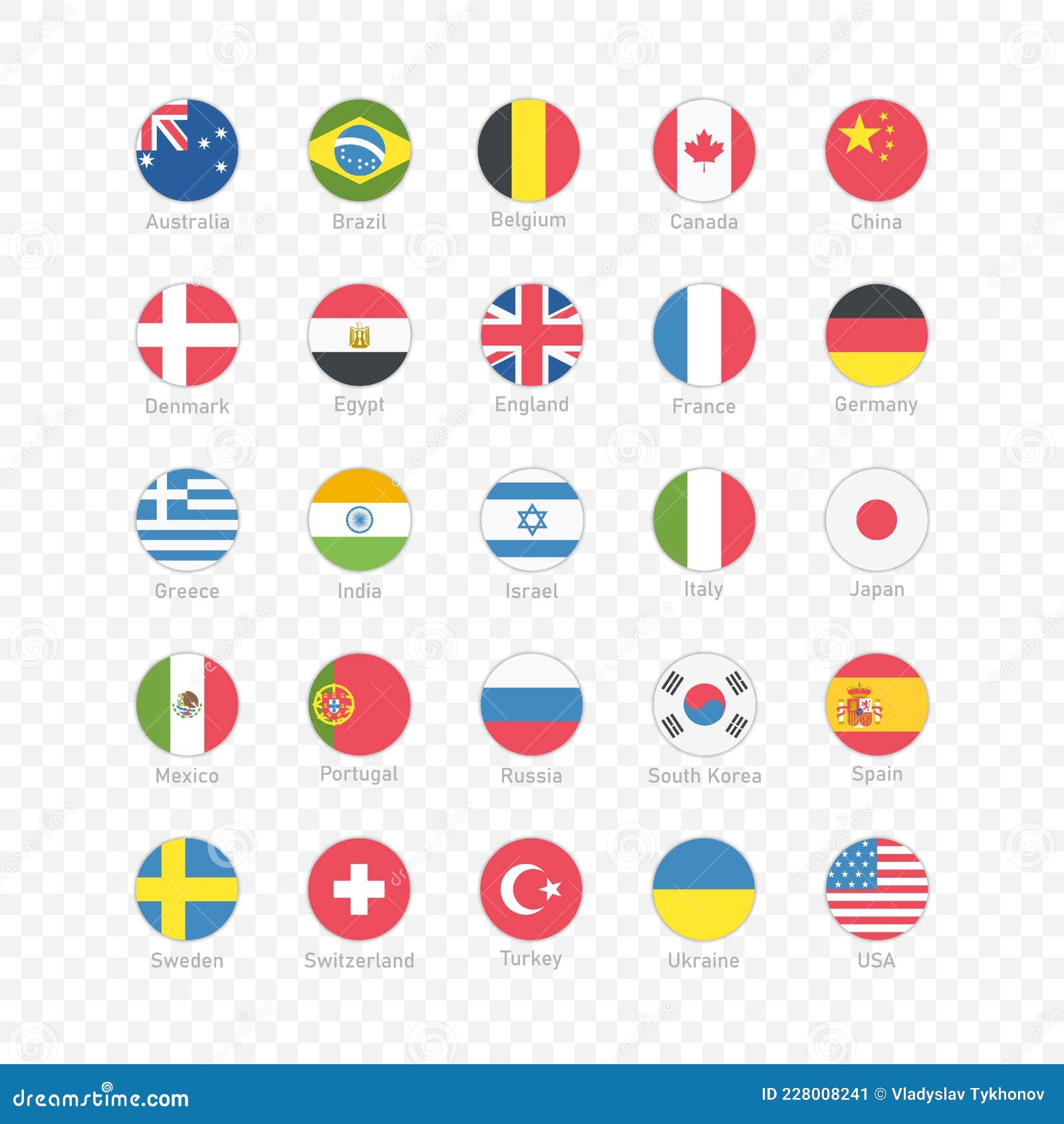 Collection of Flag Button Design. Circle Map of Countries Vector Icons ...