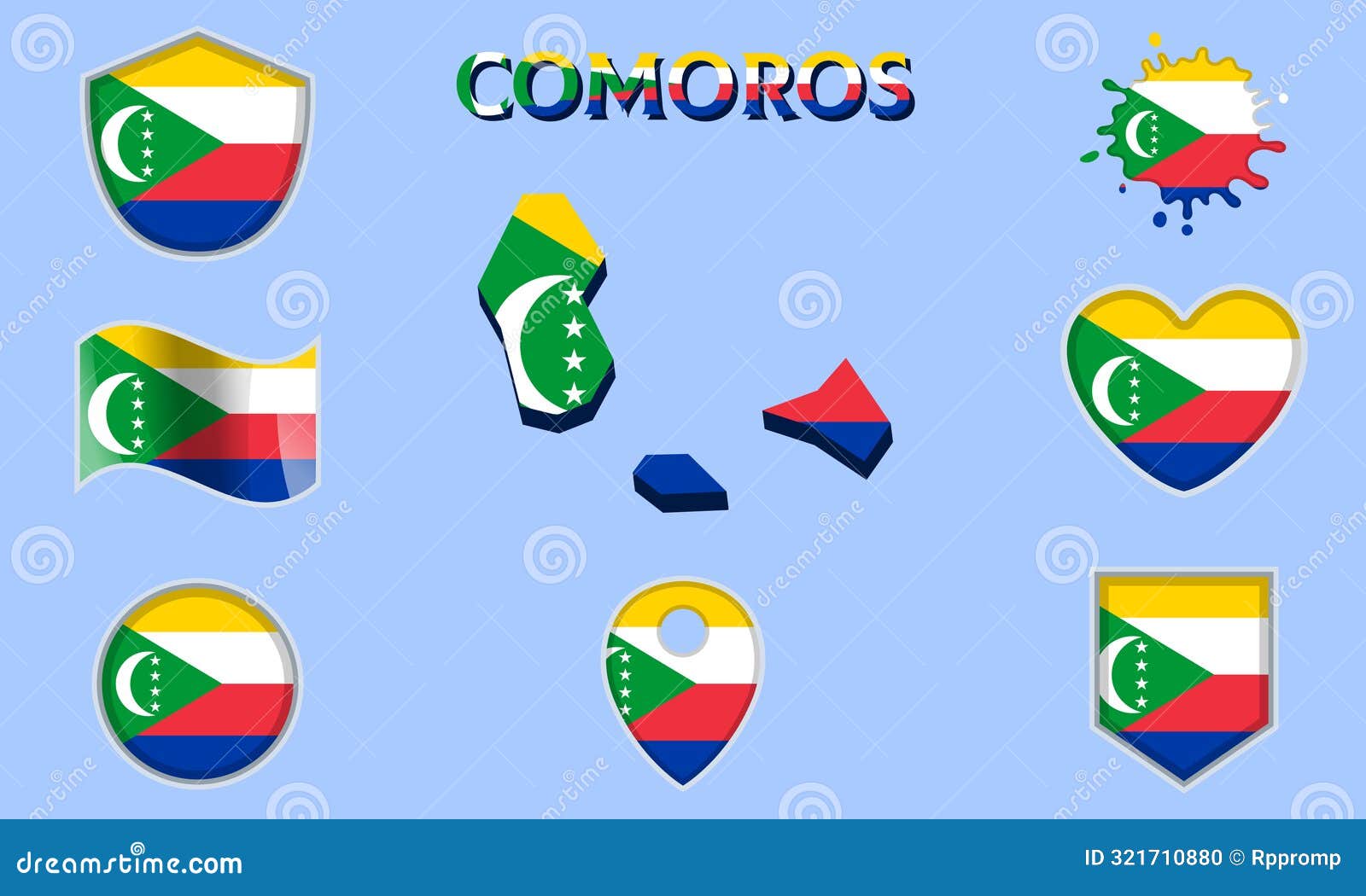 Collection of Flat National Flags of Comoros with Map Stock ...