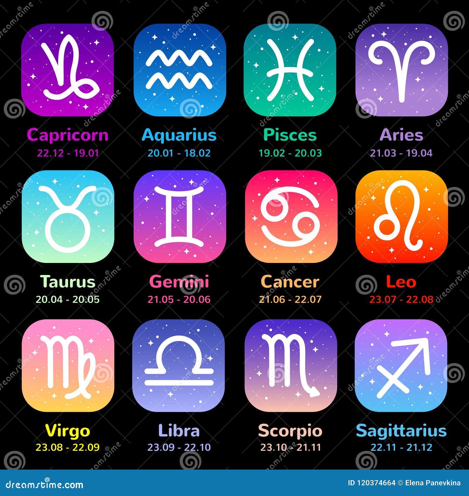 Collection Of Flat Style Zodiac Signs With Gradient Backgrounds Stock