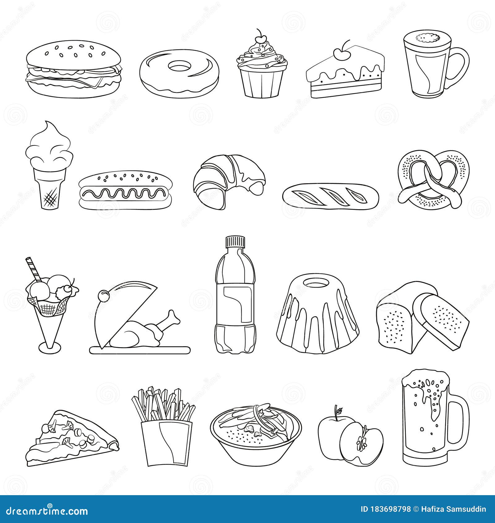 A Collection of Food Items, Linear Illustration. Stock Vector ...