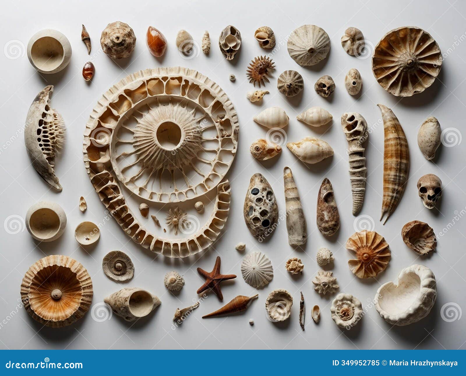 Collection Of Fossils Biological Specimens Shell Bones On White ...