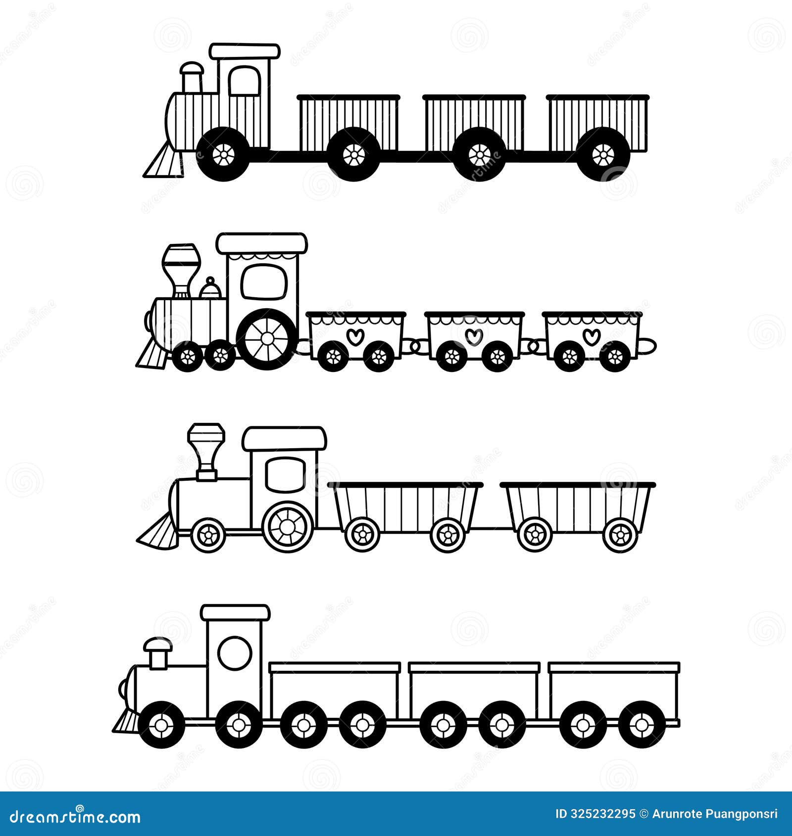 Set of Cartoon Trains in Black and White Outline, Cute Line Art Style ...