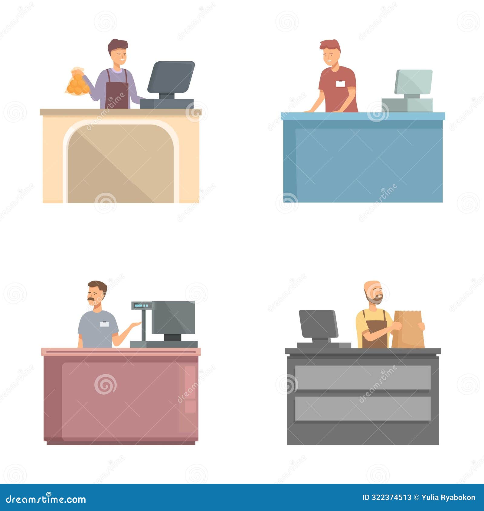Set Of Cashiers Working At Checkout Counters Cartoon Vector ...