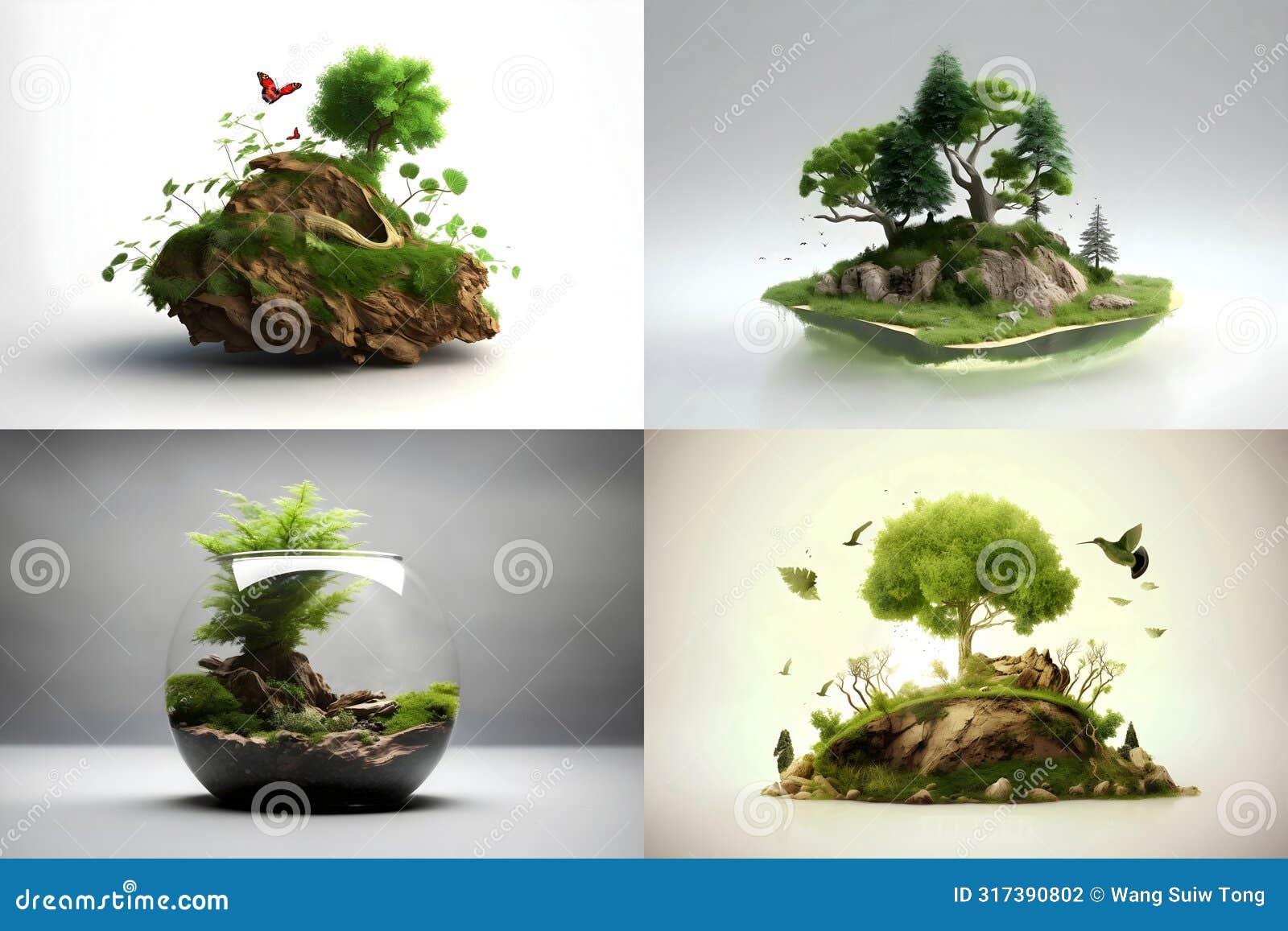 Four Unique Miniature Ecosystems Displaying Trees, Rocks, and ...