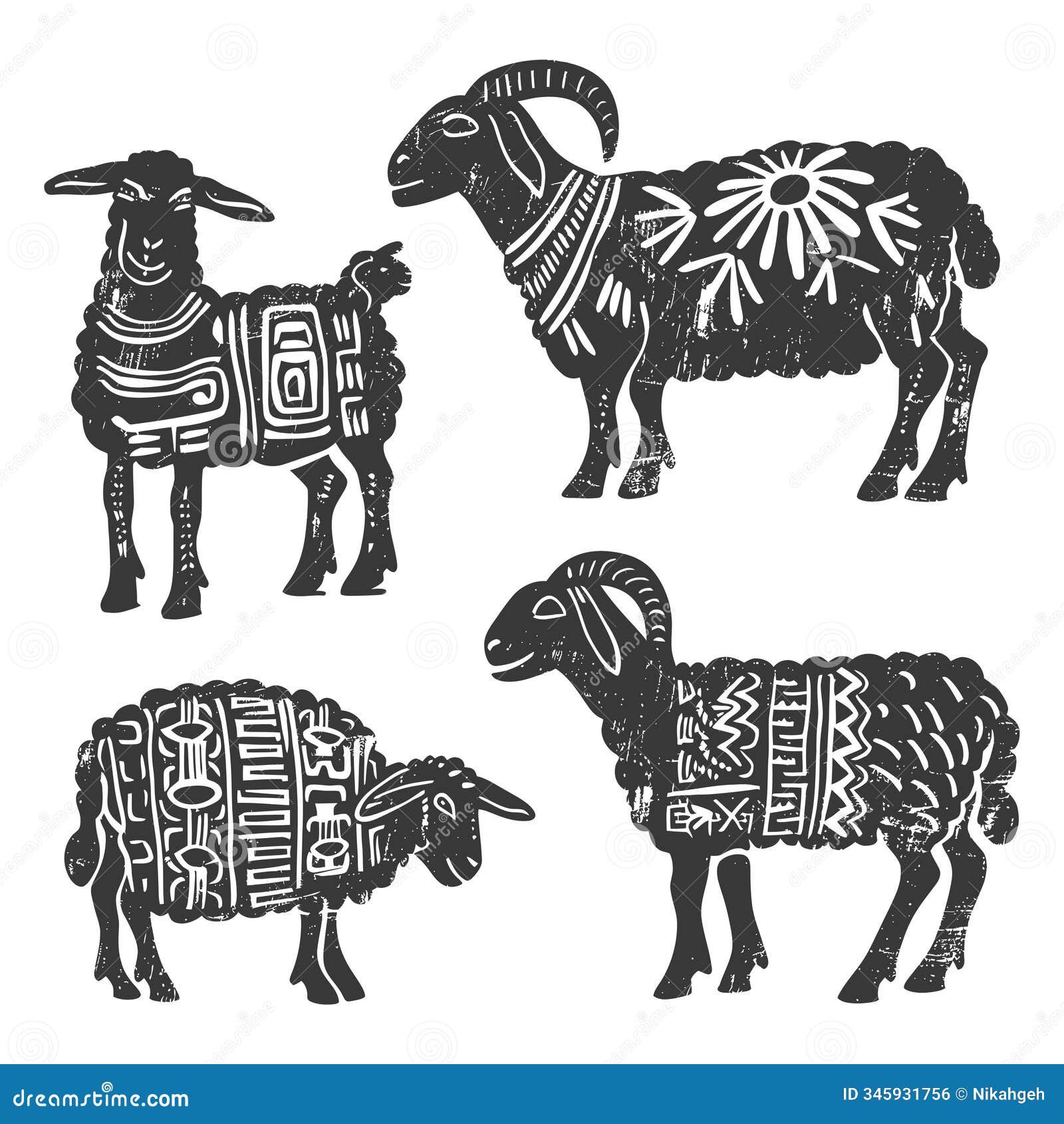 Four Stylized Black and White Sheep with Geometric Patterns Stock ...