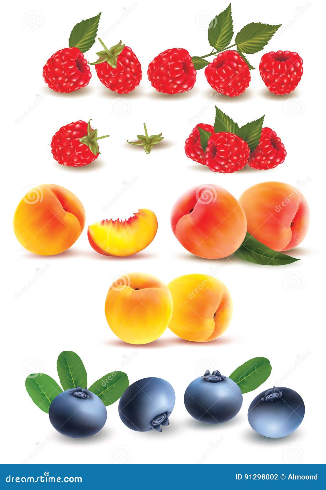 Collection of Fruit and Berries. Raspberry, Peach, Blueberry Stock ...