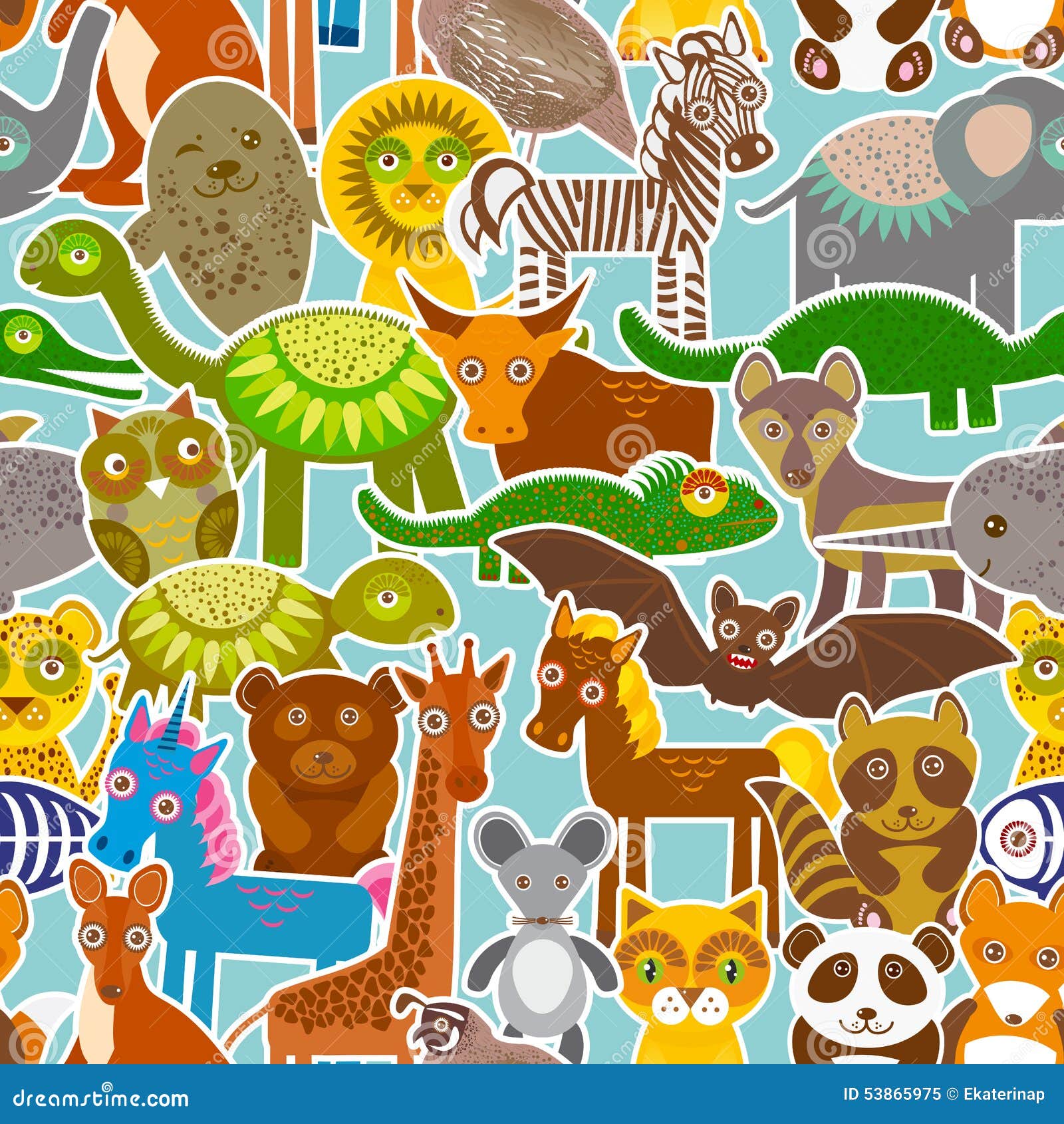 Collection Funny Cartoon Animals Seamless Pattern on Blue Background ...
