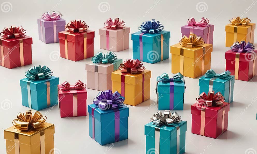 Collection 16 Gift Boxes in Various Colors and Sizes, Adorned with Bows, Arranged in Grid-like ...