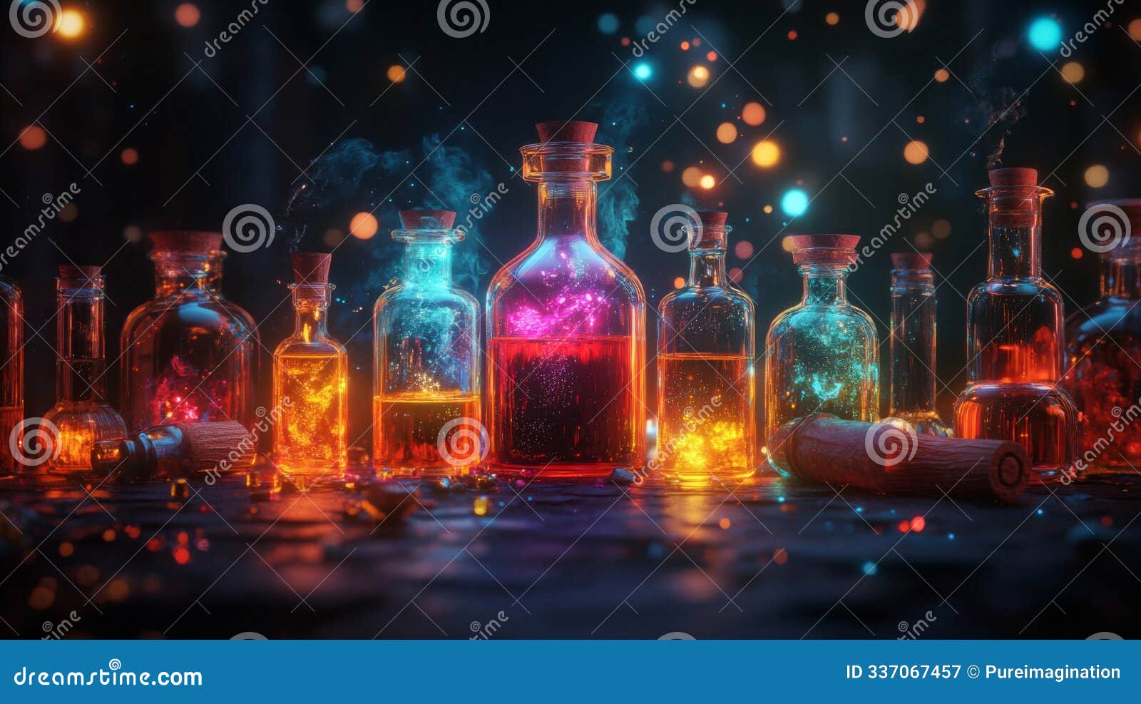 A Collection of Glowing Potion Bottles with Magical Effects Stock ...