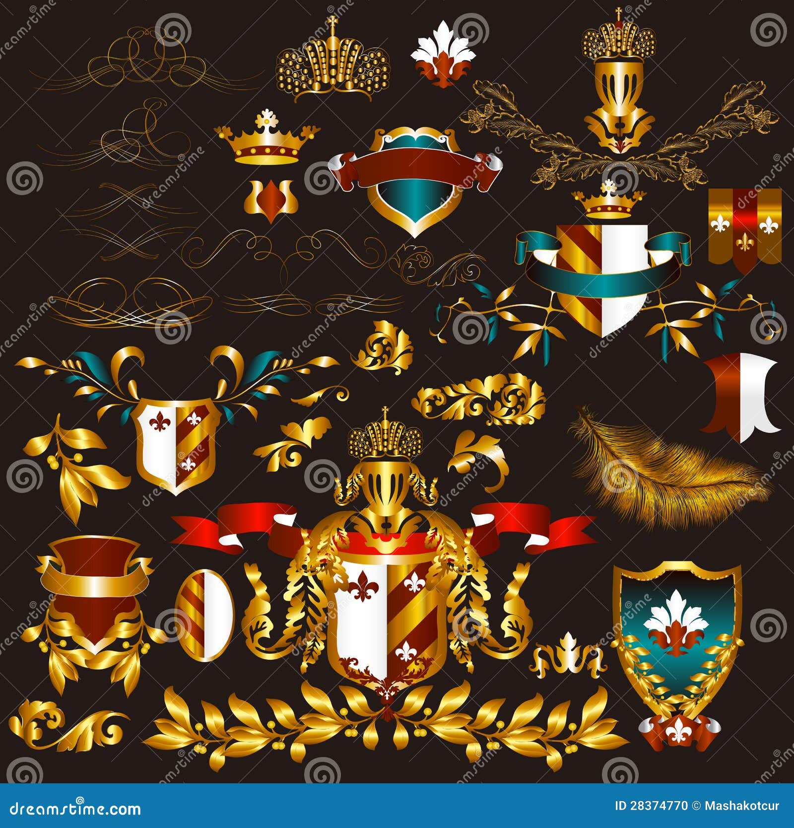 Collection of Gold-framed Heraldic Elements Stock Vector - Illustration ...