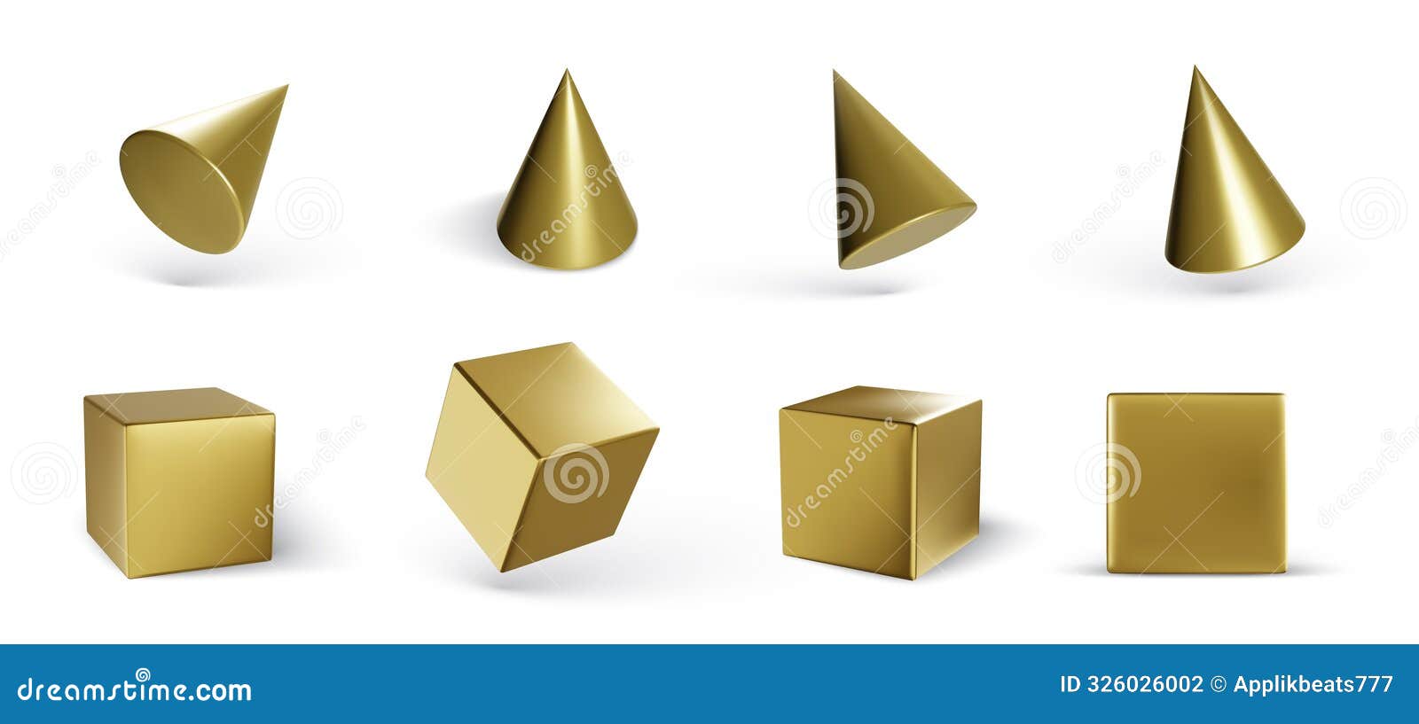 Collection of Golden Geometric Cubes and Cones Isolated on White ...