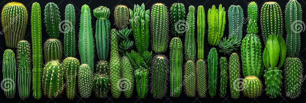 Collection of Green Cacti in a Grid Pattern on a Bold Black Background ...